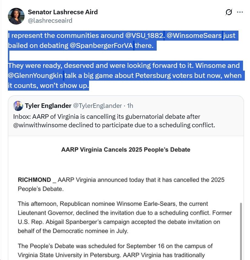 AARP Virginia Cancels Debate Due to Winsome Earle-Sears Declining to Participate: “This isn’t ...