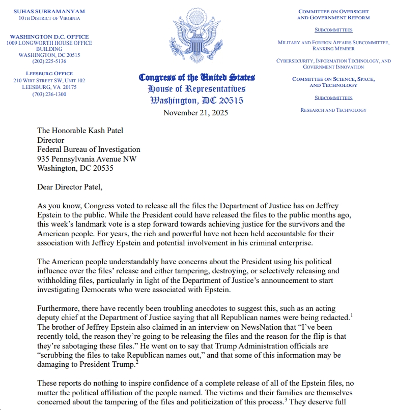 In Letter to FBI Director Kash Patel, Rep. Suhas Subramanyam (D-VA10 ...